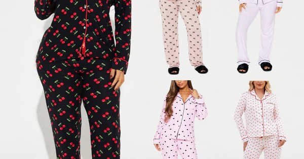 European and American pajamas for women, autumn and winter cherry print ...